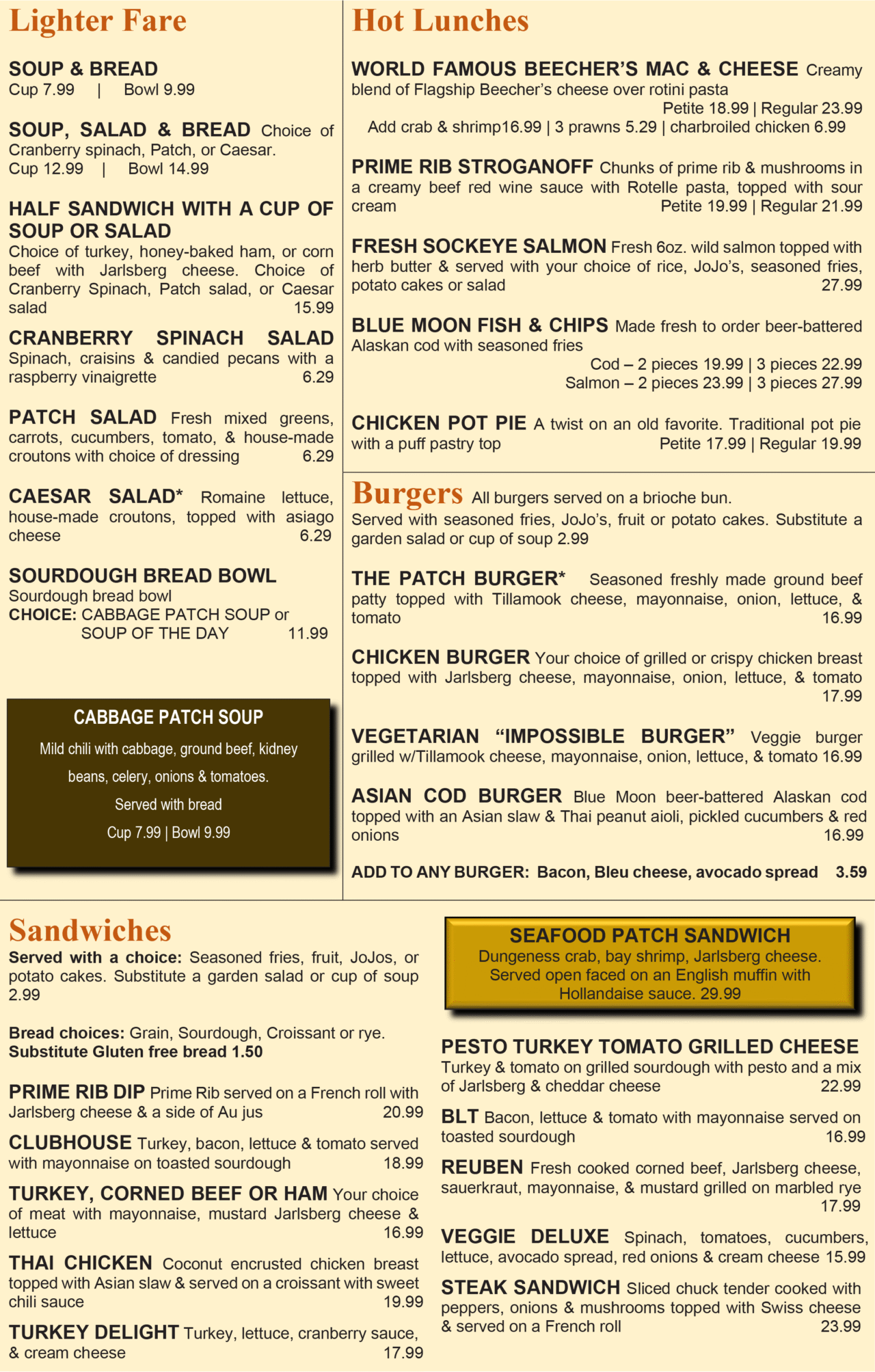 Cabbage Patch Menu | Cabbage Patch Restaurant